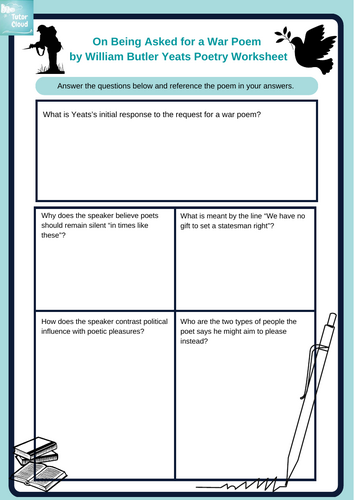 On Being Asked for a War Poem by William Butler Yeats Poetry Worksheet ...