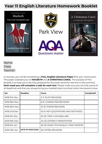 GCSE English Lit paper 1 homework booklet (AQA) | Teaching Resources