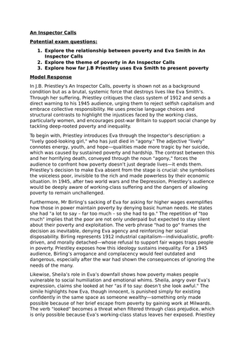 AQA An Inspector Calls Grade 8/9 Model Essay - Eva Smith & Poverty ...