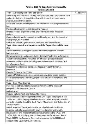 America 1920-73 Opportunity and Inequality checklist AQA | Teaching ...