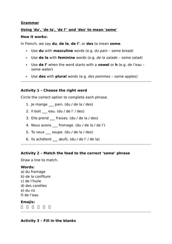 Du, de la, de l’ and des - Partitive Article – Using ‘some’ with Food ...