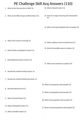 AQA A level PE Skill Acquisition PE Challenge Revision Sheet | Teaching ...
