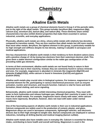 Chemistry: Alkaline Earth Metals “Article & Questions” Assignment ...