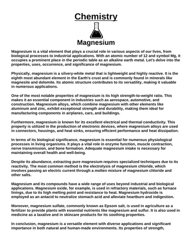 Chemistry: Magnesium “Article & Questions” Assignment | Teaching Resources