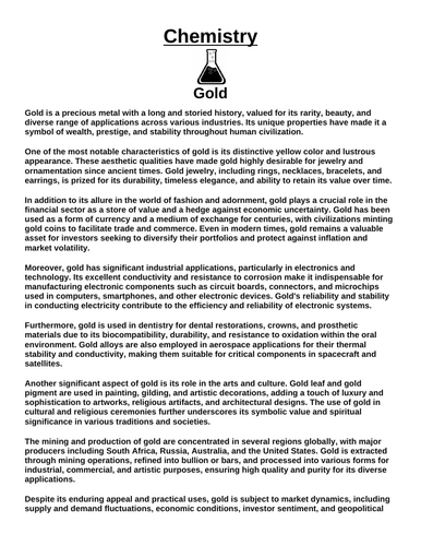 Chemistry: Gold “Article & Questions” Assignment | Teaching Resources