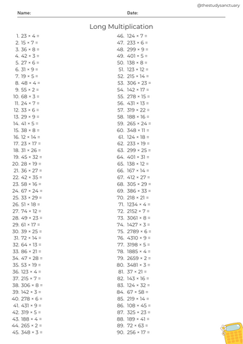 Long Multiplication Worksheet | Teaching Resources