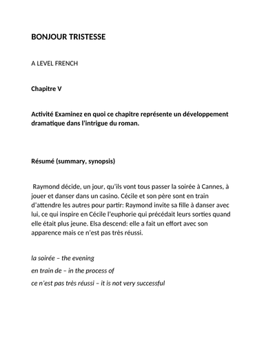 Taking a close look at Chapter 5 of "Bonjour Tristesse" A LEVEL FRENCH ...
