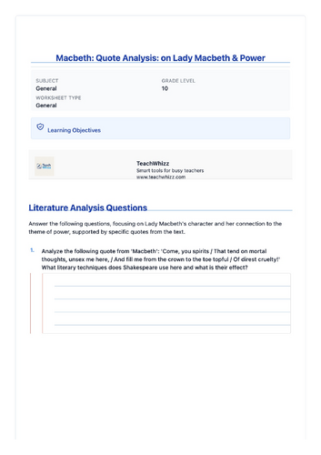 Lady Macbeth & Power – 20 Quote Analysis & Comprehension Questions ...