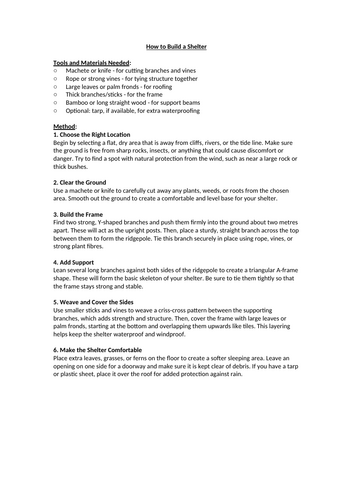 Non Fiction - Survival - Building a Shelter | Teaching Resources