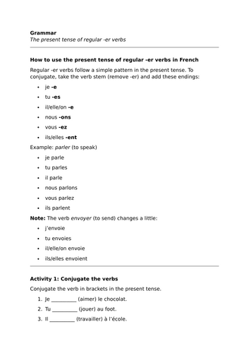 Present Tense of Regular -ER Verbs | Teaching Resources