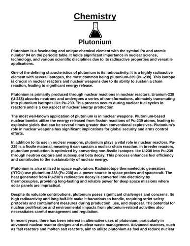 Chemistry: Plutonium “Article & Questions” Assignment | Teaching Resources