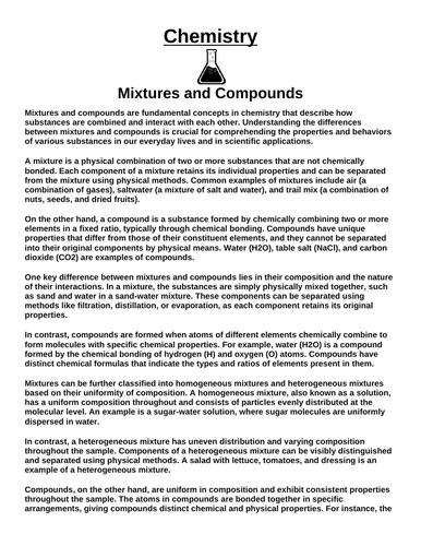 Chemistry: Mixtures and Compounds “Article & Questions” Assignment | Teaching Resources