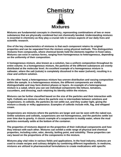 Chemistry: Mixtures “Article & Questions” Assignment | Teaching Resources