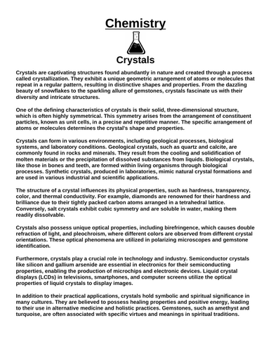 Chemistry: Crystals “Article & Questions” Assignment | Teaching Resources