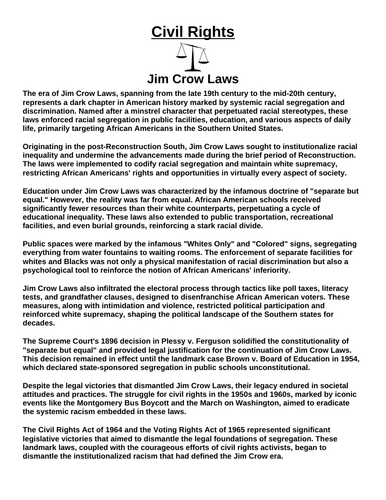 Civil Rights: Jim Crow Laws “Article & Questions” Assignment | Teaching ...
