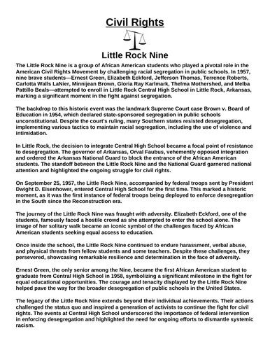 Civil Rights: Little Rock Nine “Article & Questions” Assignment ...