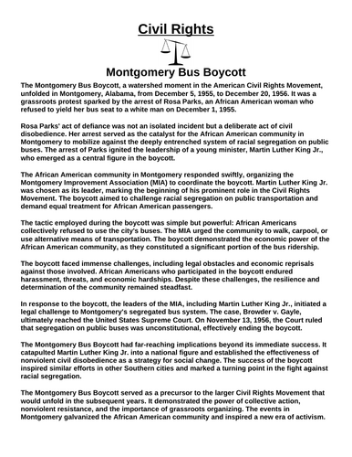 Civil Rights: Montgomery Bus Boycott “Article & Questions” Assignment ...