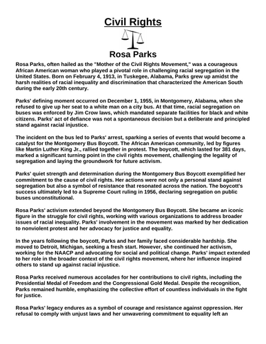 Civil Rights: Rosa Parks “Article & Questions” Assignment | Teaching ...
