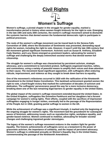 Civil Rights: Women's Suffrage “Article & Questions” Assignment ...