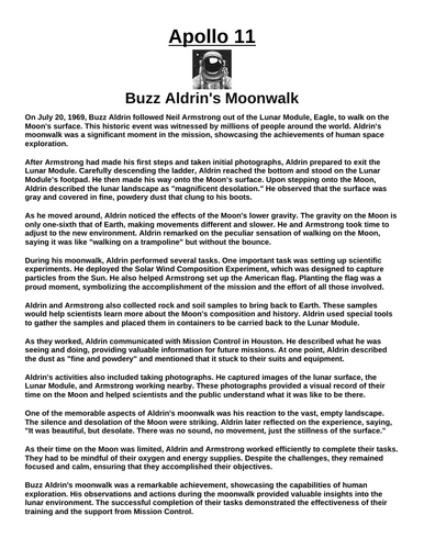 Apollo 11: Buzz Aldrin's Moonwalk “Article & Questions” Assignment ...