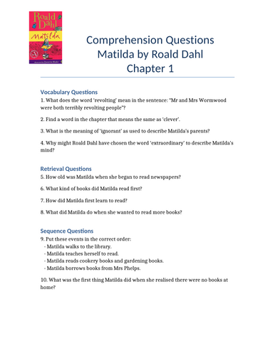 Matilda Comprehension - Chapters 1-21 (Complete) | Teaching Resources
