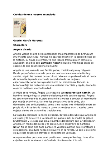 Crónica de una muerte anunciada by Gabriel García Márquez – Characters ...