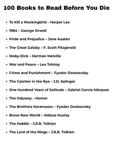 100 books to read before you die printable list | Teaching Resources