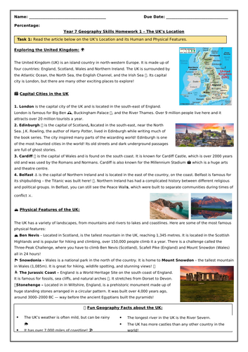Map Skills Homework 3 - The UK's Location | Teaching Resources