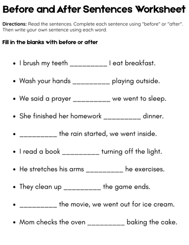Before and After Sentences Worksheet | Teaching Resources