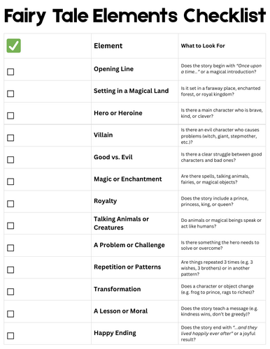 elements of a fairy tale checklist | Teaching Resources