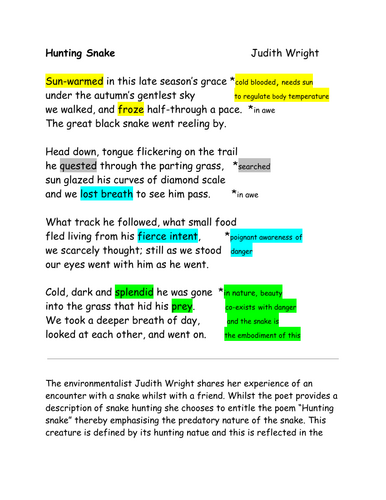 "Hunting Snake" iGCSE CAMBRIDGEN BOARD 0475 poetry anthology | Teaching ...