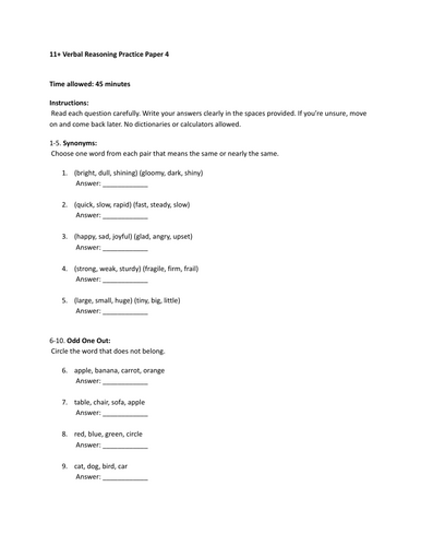 11+ Verbal Reasoning Practice Paper 4 | Teaching Resources