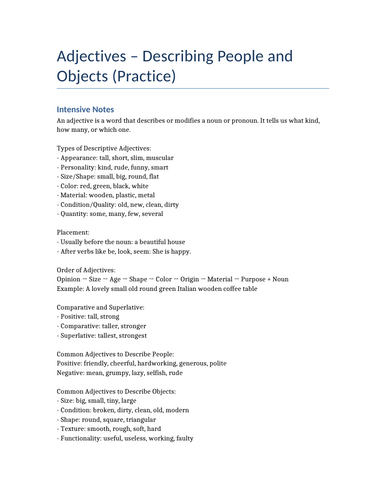 INTENSIVE NOTES: ADJECTIVES – Describing People and Objects | Teaching ...