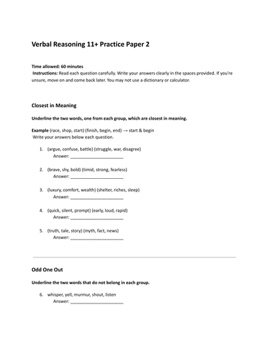 Verbal Reasoning 11+ Practice Paper 2 | Teaching Resources