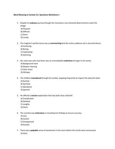 Word Meaning in Context 11+ Questions Worksheet 1 | Teaching Resources