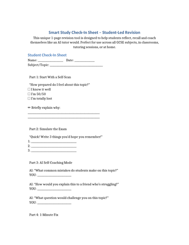 Smart Study Check-In Sheet – Student-Led Revision | Teaching Resources