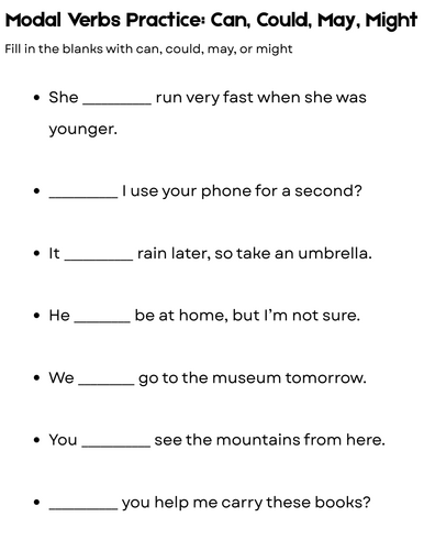 can could may might exercises | Teaching Resources