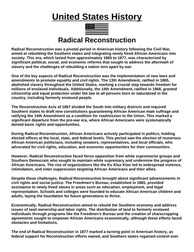 Radical Reconstruction “Article & Questions” Assignment | Teaching ...