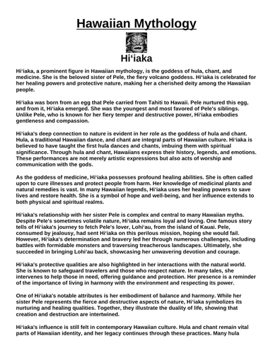 Hawaiian God: Hiʻiaka “Article & Questions” Assignment | Teaching Resources