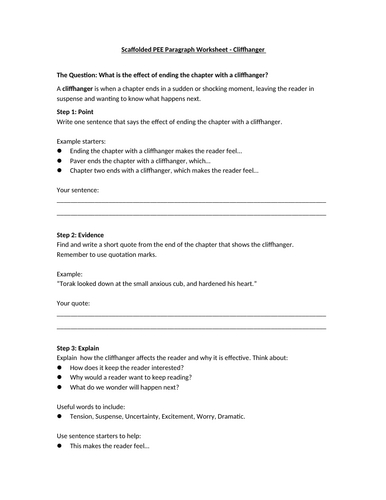 Wolf Brother - Cliffhanger PEE Scaffolded Worksheet | Teaching Resources