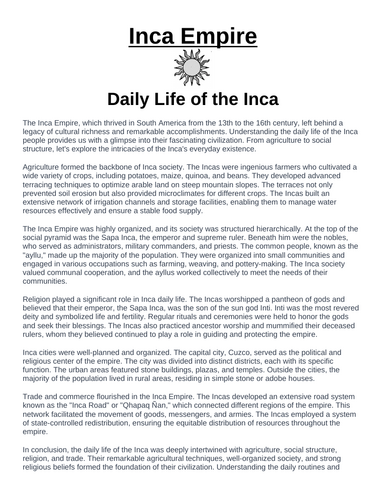 Inca Empire: Daily Life of the Inca “Article & Questions” Assignment ...