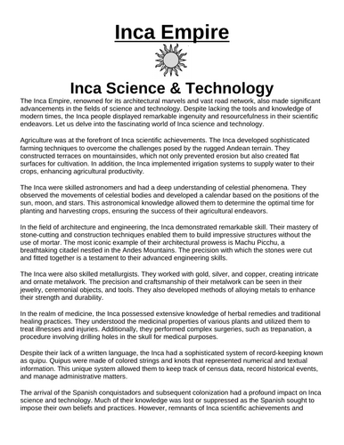Inca Empire: Science & Technology “Article & Questions” Assignment ...