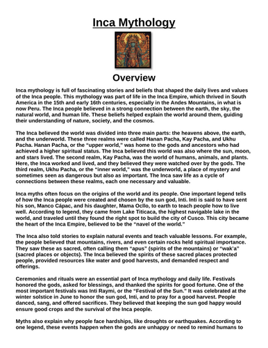 Inca Mythology: Overview “Article & Questions” Assignment | Teaching ...