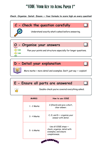 CODE: Checklist for Paper 1 | Teaching Resources