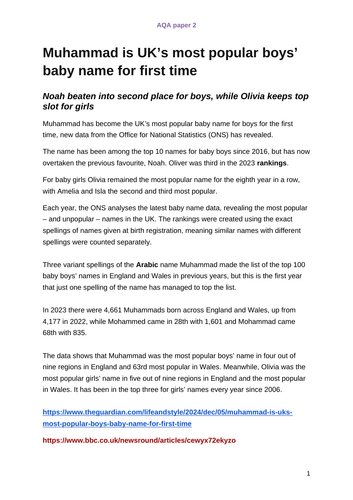 AQA English Language Paper 2: Baby Name Trends (2023–2024) – Full Exam ...
