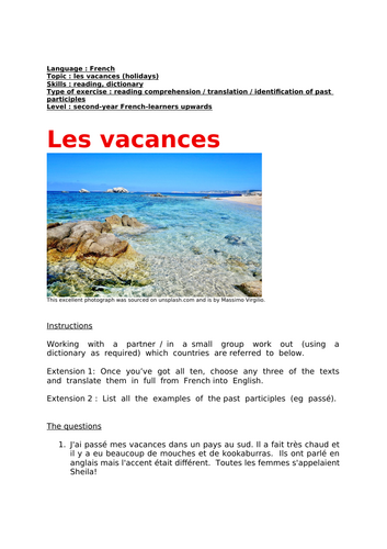 French, les vacances (holidays), reading comprehension/translation ...