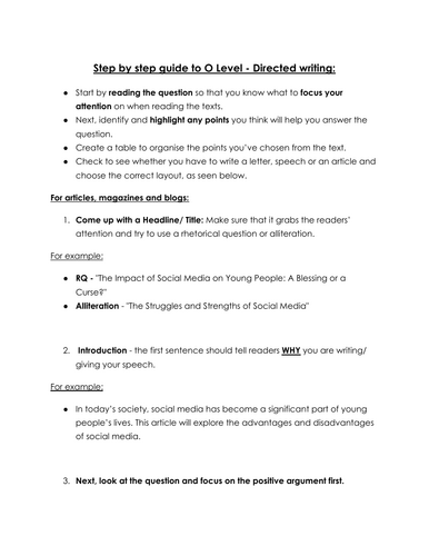 Step by step guide to O Level - Directed writing | Teaching Resources