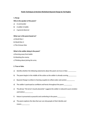 Bayonet Charge by Ted Hughes Worksheet | Teaching Resources