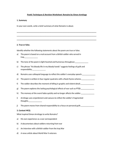 Remains by Simon Armitage Worksheet | Teaching Resources
