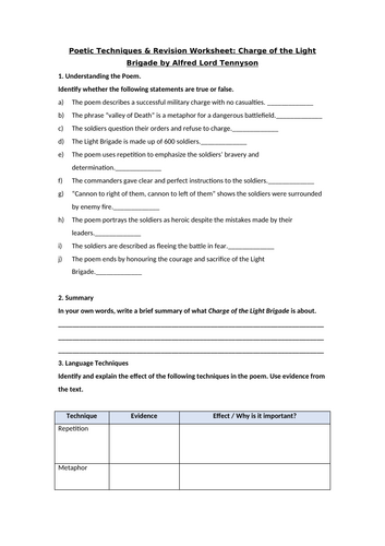 Charge of the Light Brigade by Lord Alfred Tennyson Worksheet ...